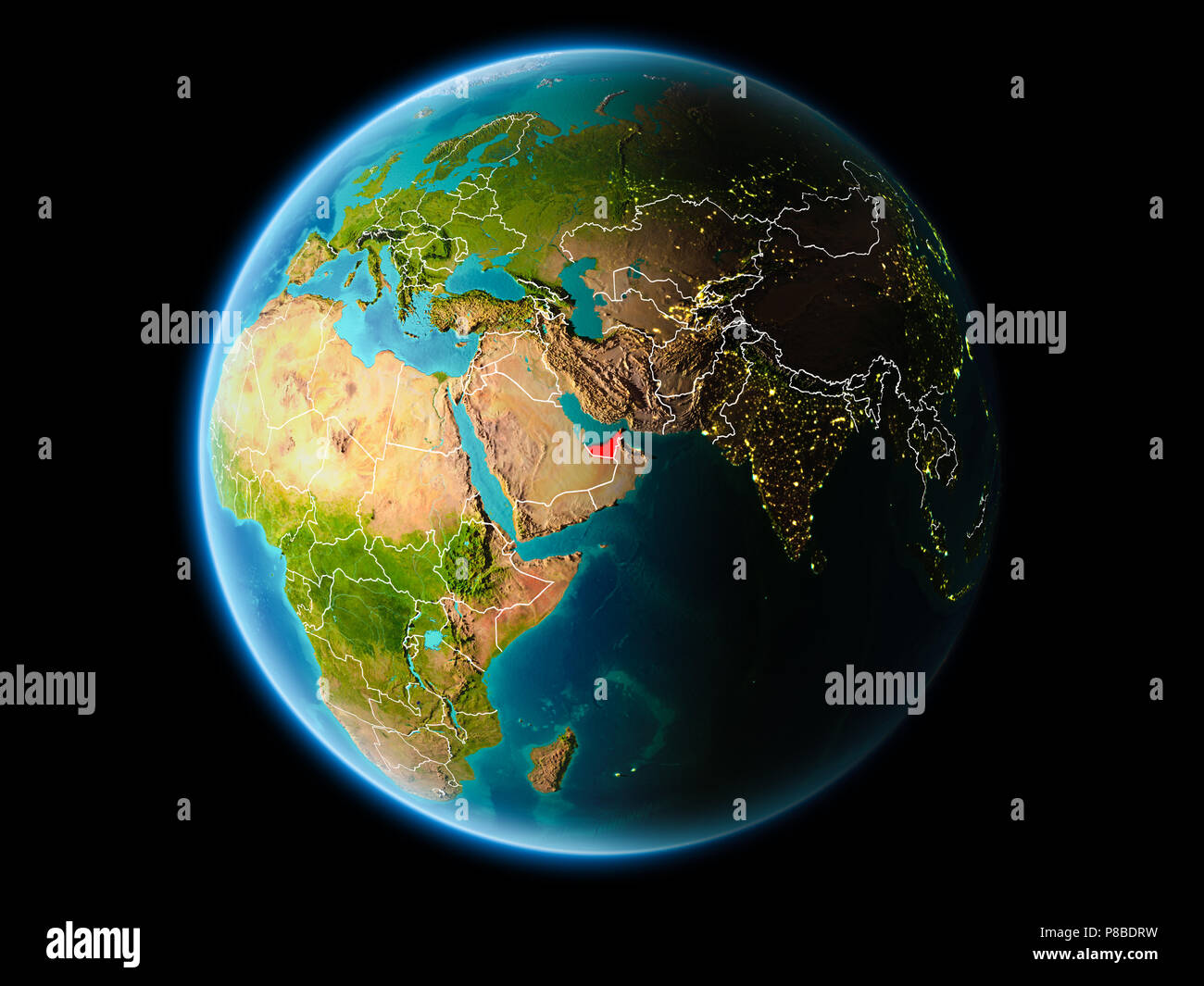 United Arab Emirates from orbit of planet Earth at night with highly ...