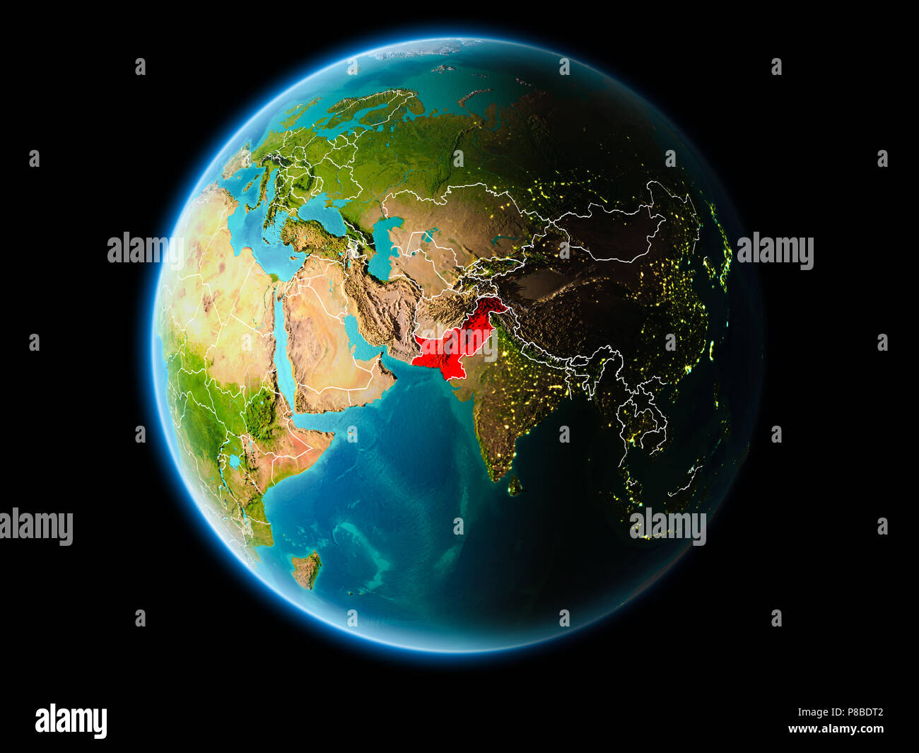 Pakistan from orbit of planet Earth at night with highly detailed ...