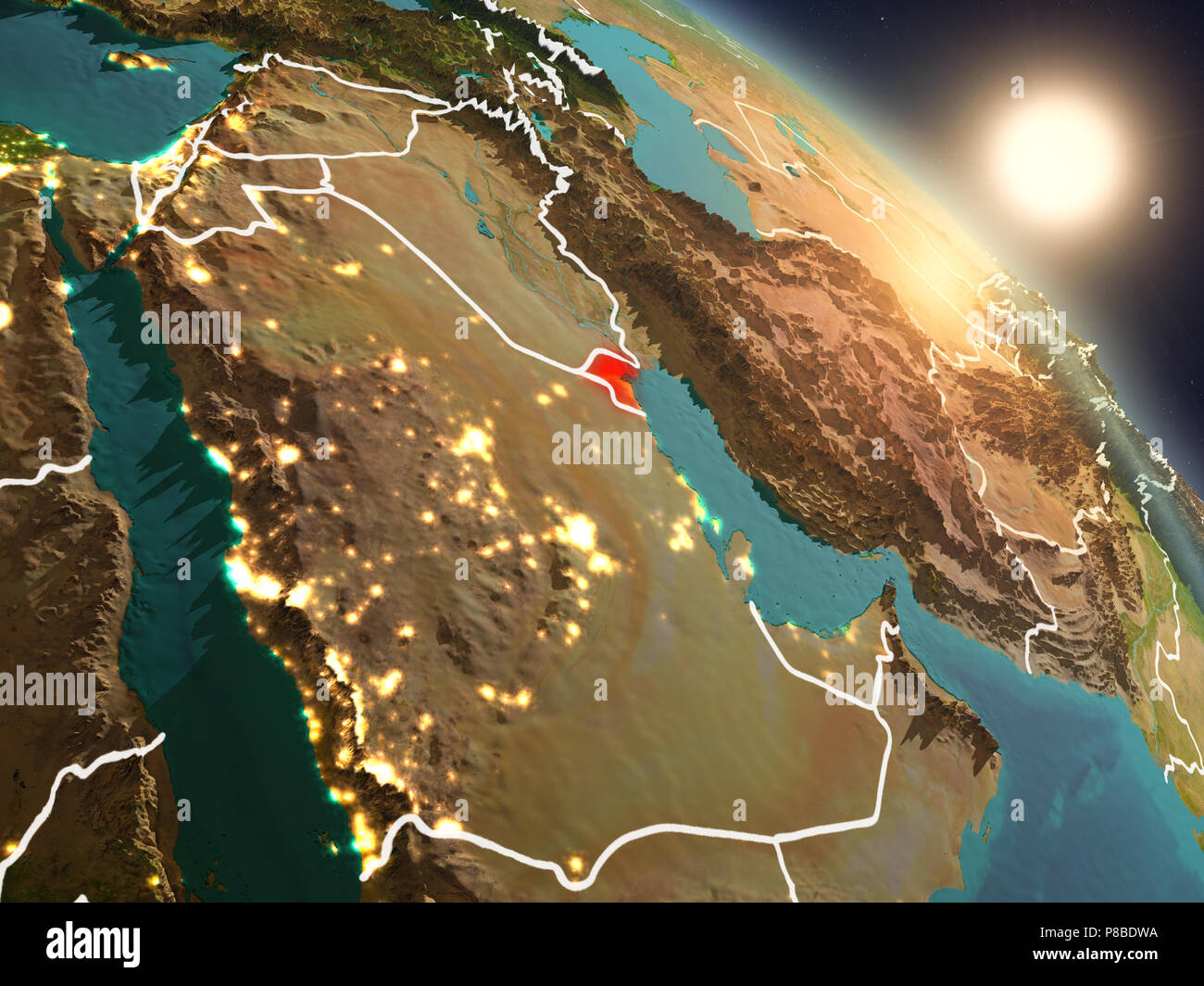 Sunset above Kuwait from space on planet Earth with visible country ...