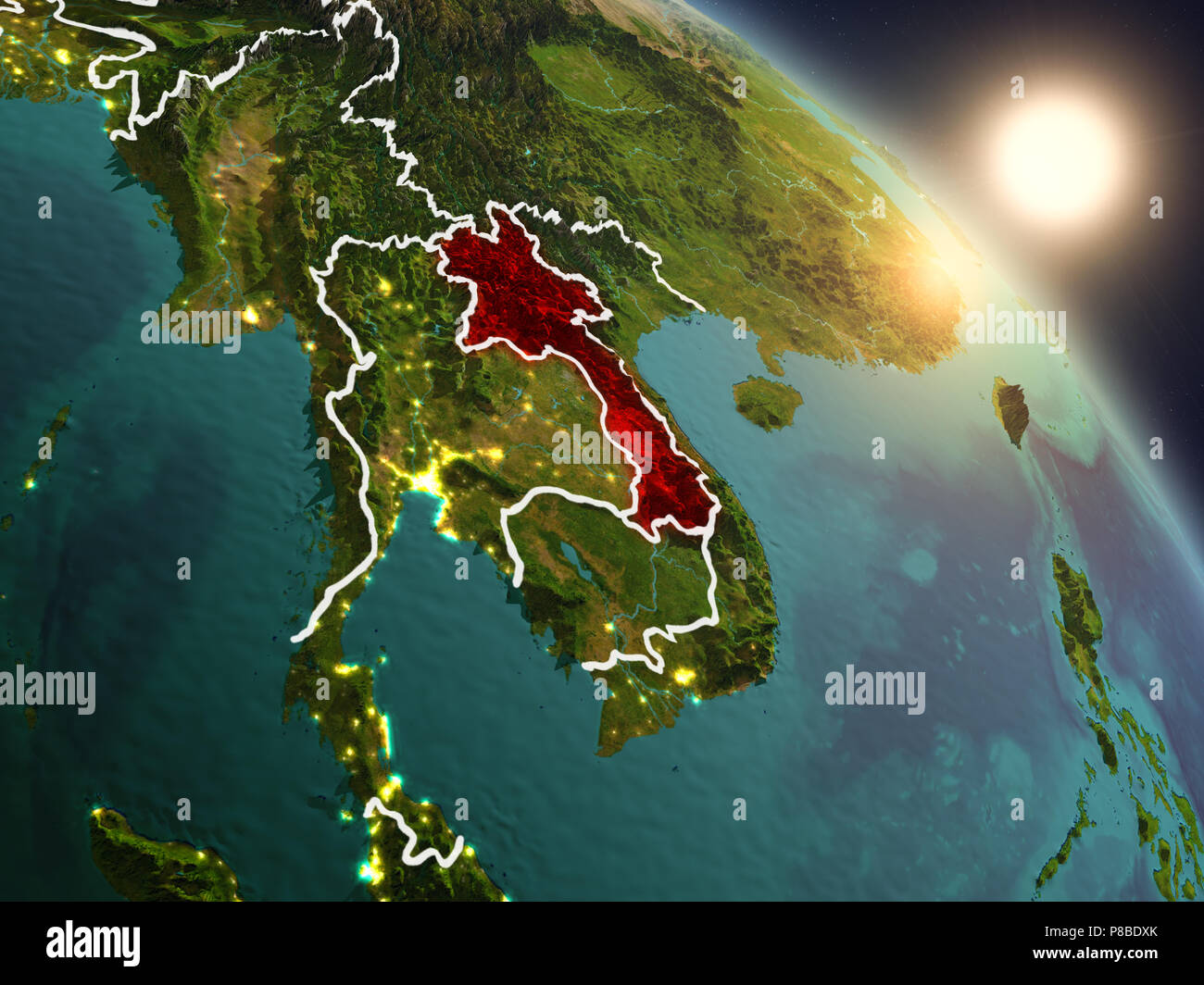 Sunset above Laos from space on planet Earth with visible country ...