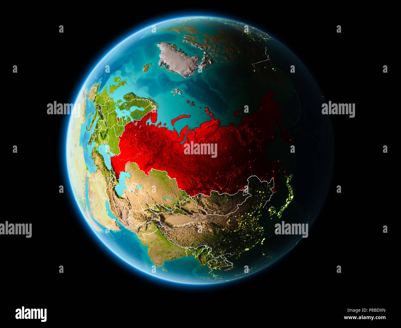 Russia from orbit of planet Earth at night with highly detailed surface ...