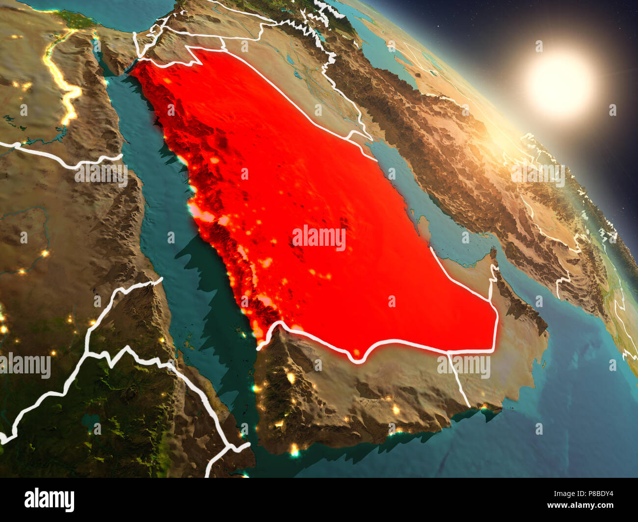 Sunset above Saudi Arabia from space on planet Earth with visible ...
