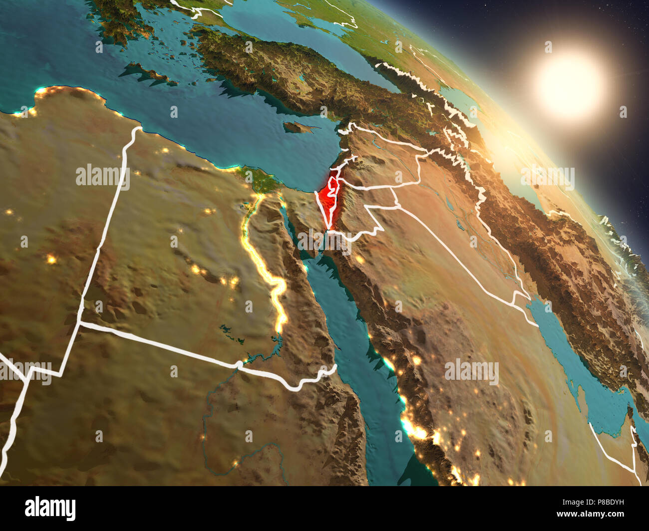 Sunset above Israel from space on planet Earth with visible country ...