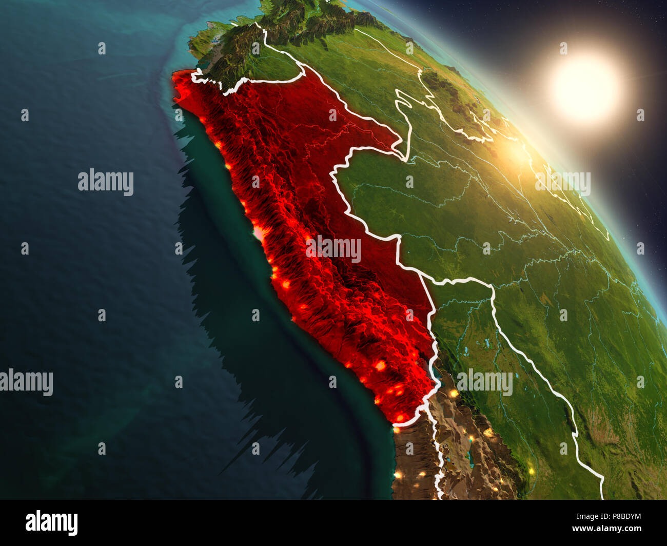 Sunset above Peru from space on planet Earth with visible country ...