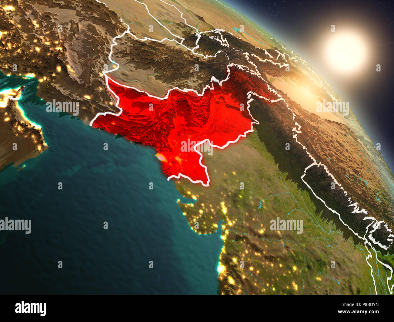 Sunset above Pakistan from space on planet Earth with visible country ...
