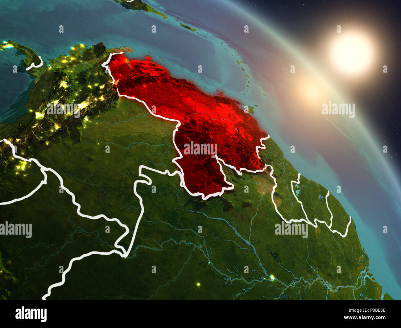 Sunset above Venezuela from space on planet Earth with visible country ...