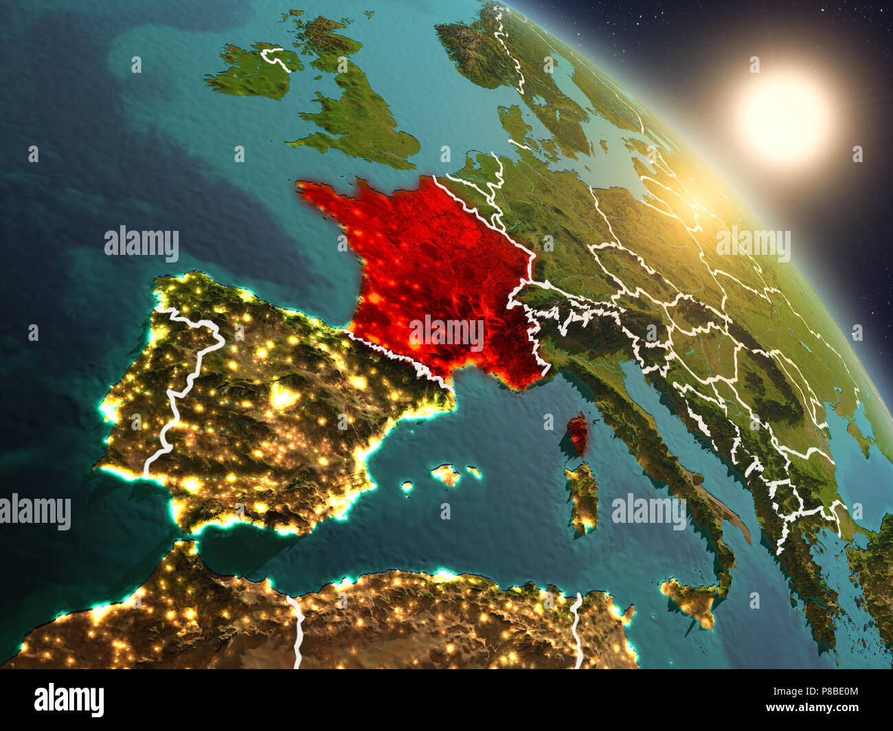 Sunset above France from space on planet Earth with visible country ...