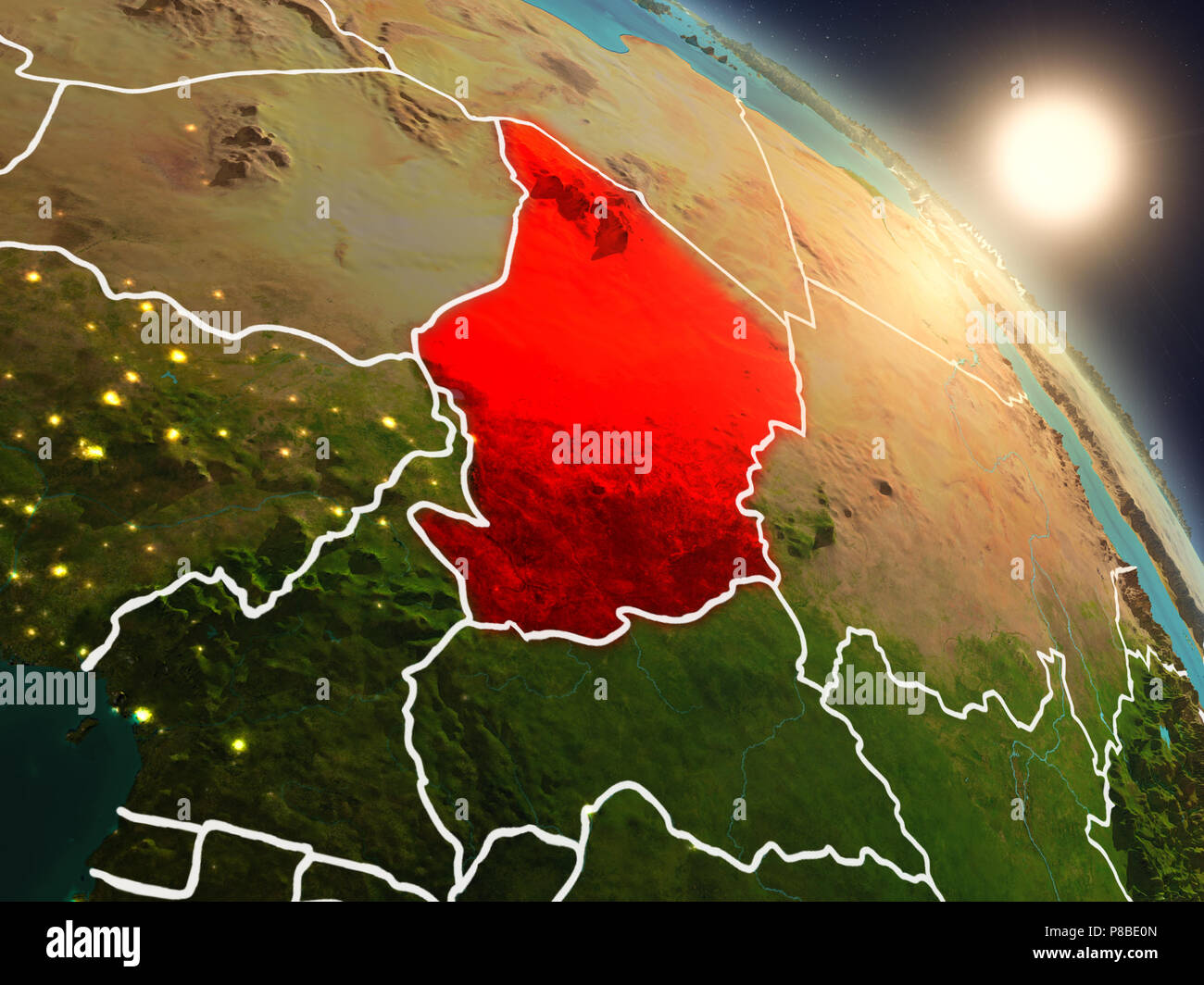 Sunset above Chad from space on planet Earth with visible country ...