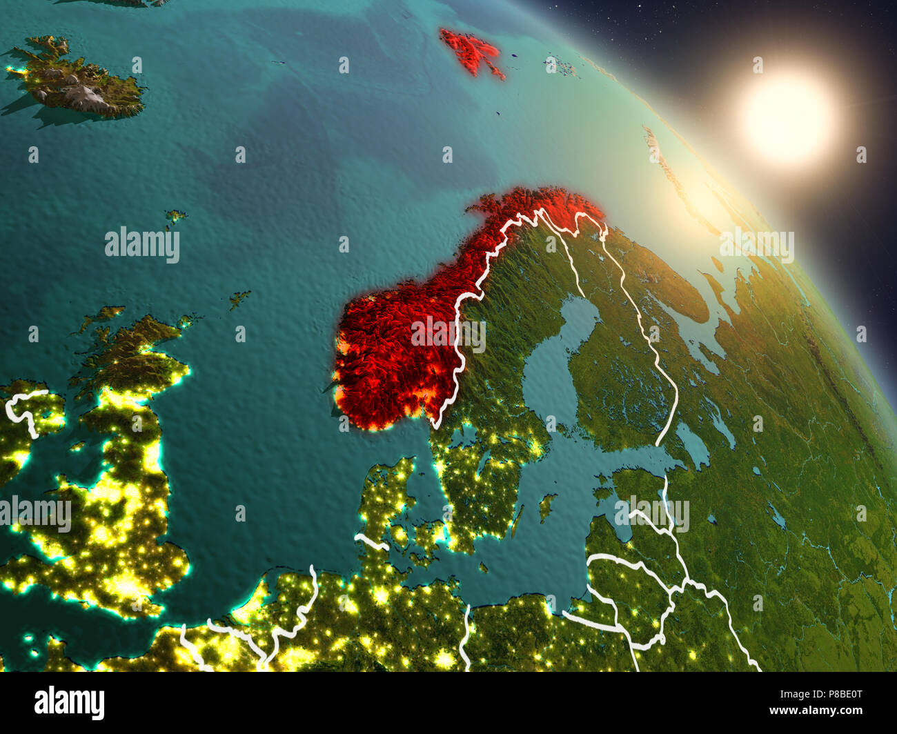 Sunset above Norway from space on planet Earth with visible country ...