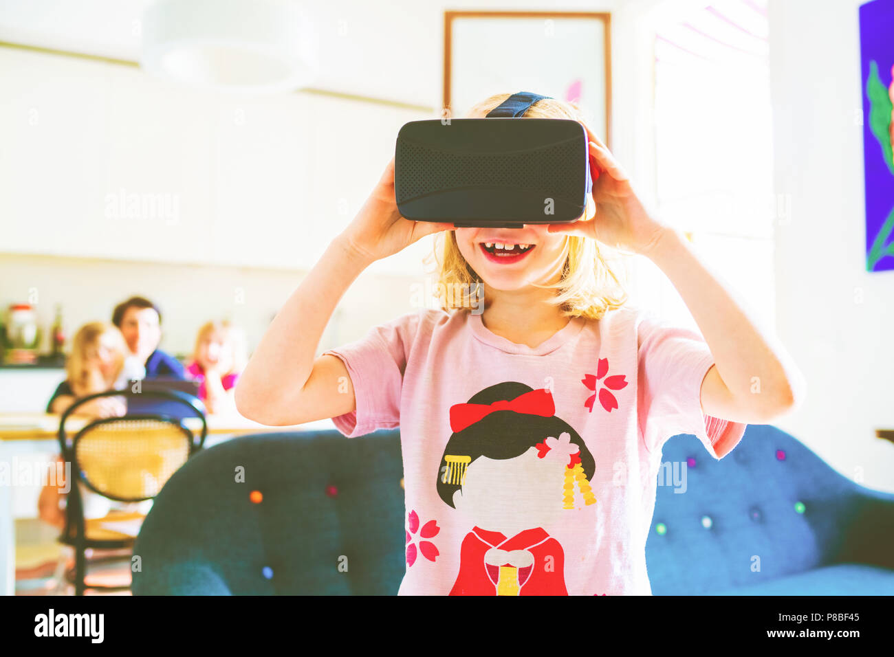 female children indoor using 3d viewer – happiness, future, video ...