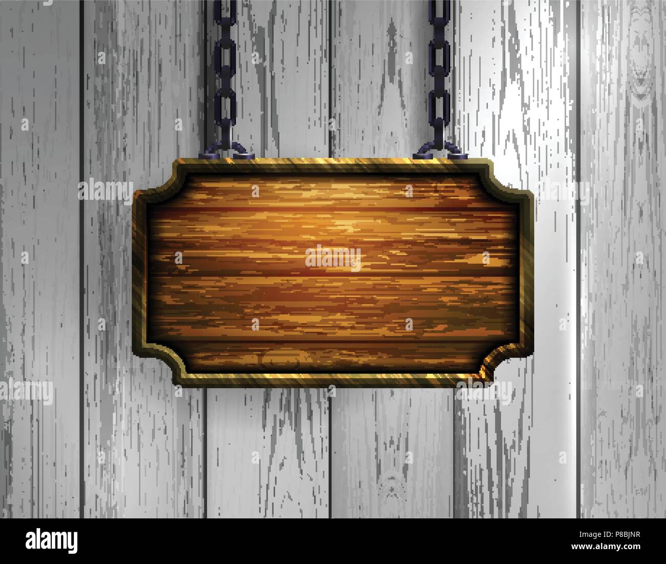 Blank wooden signboard hanging on chain isolated on white background ...