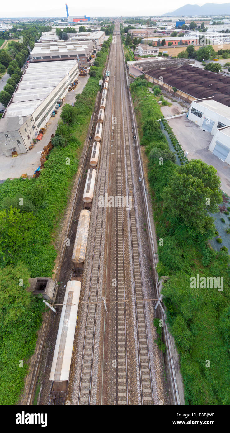Aerial view freight trains in railway station. Cargo trains wagons on ...