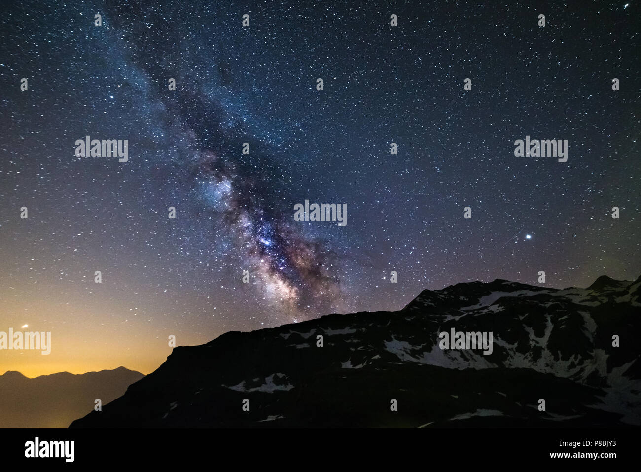 Astro night sky, Milky way galaxy stars over the Alps, Mars and Jupiter ...