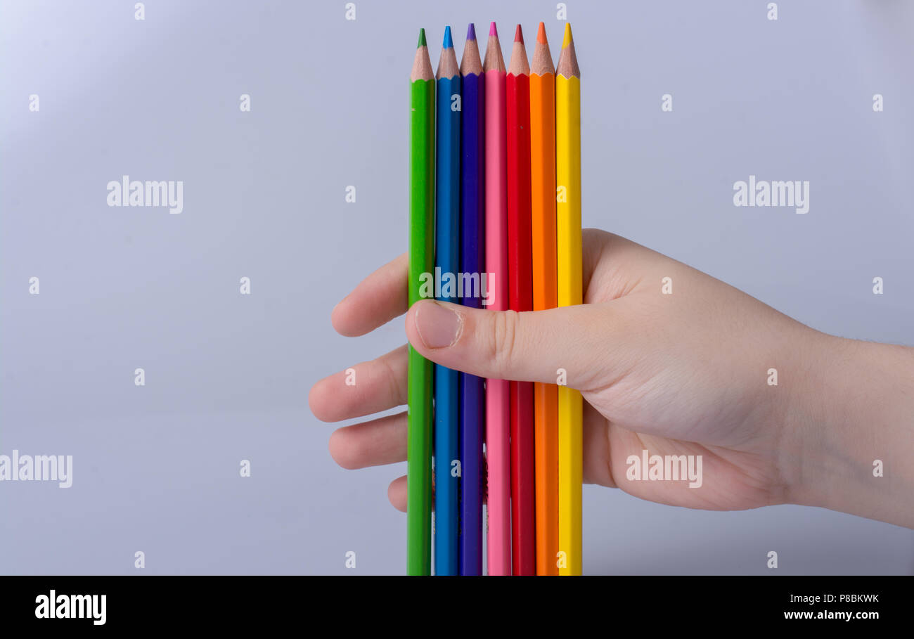 Hand holding color Pencils placed on a white background Stock Photo - Alamy