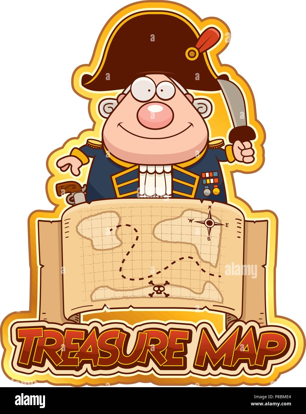 A cartoon illustration of a British admiral with a treasure map and ...