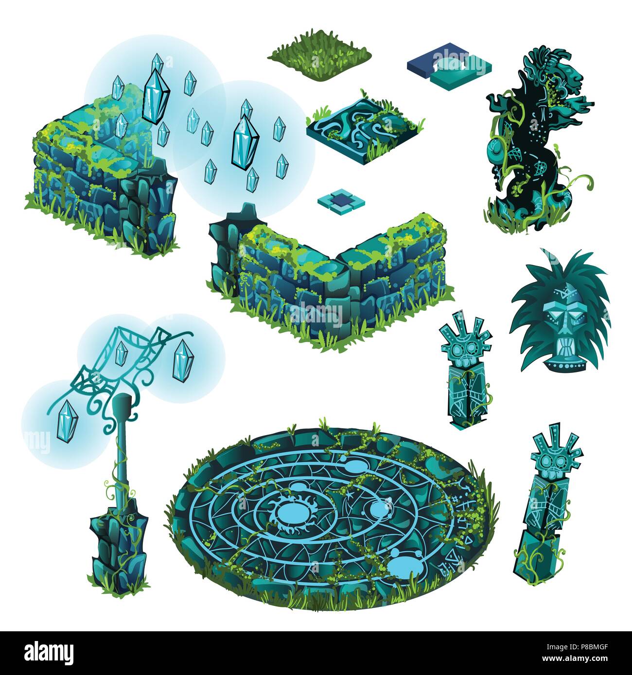 Luminous objects turquoise color. Totem, stone fence, lamppost. The set ...