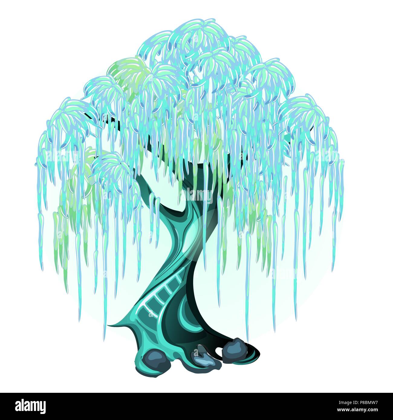 Fantasy tree with glowing neon leaves isolated on white background ...