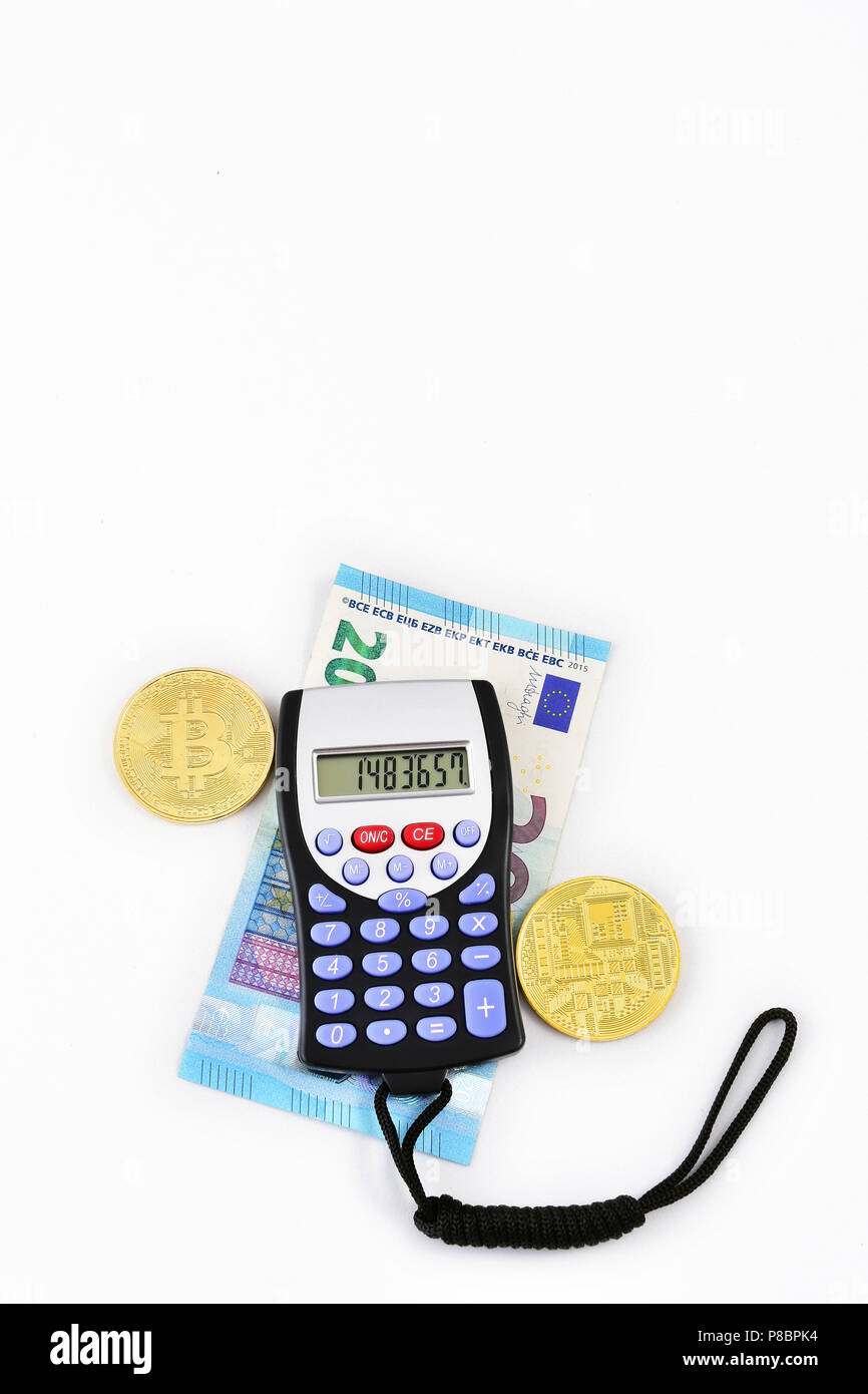 background with calculator, money, coins and virtual money Stock Photo ...