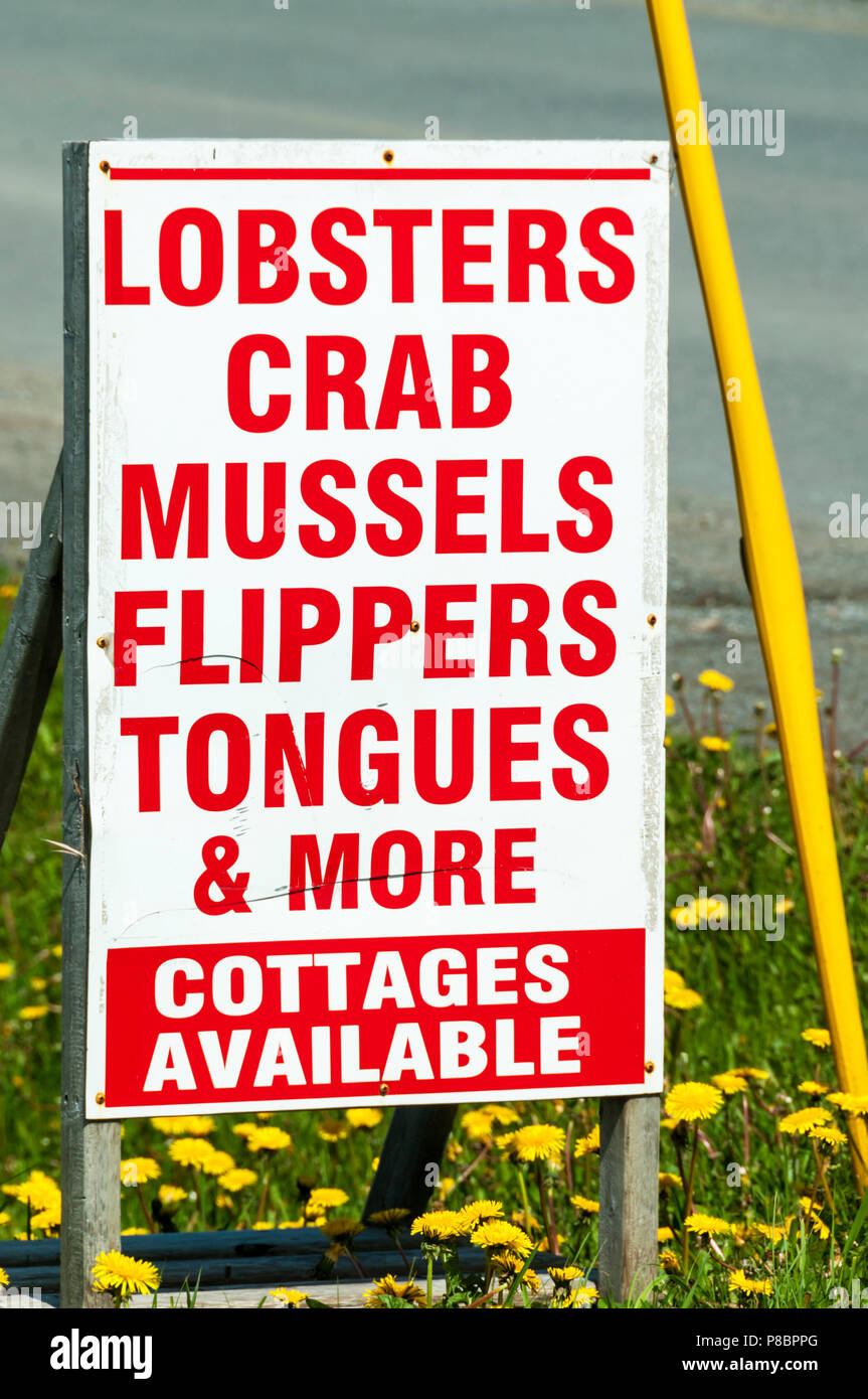 A sign at Twillingate in Newfoundland offers seal flippers and cod ...