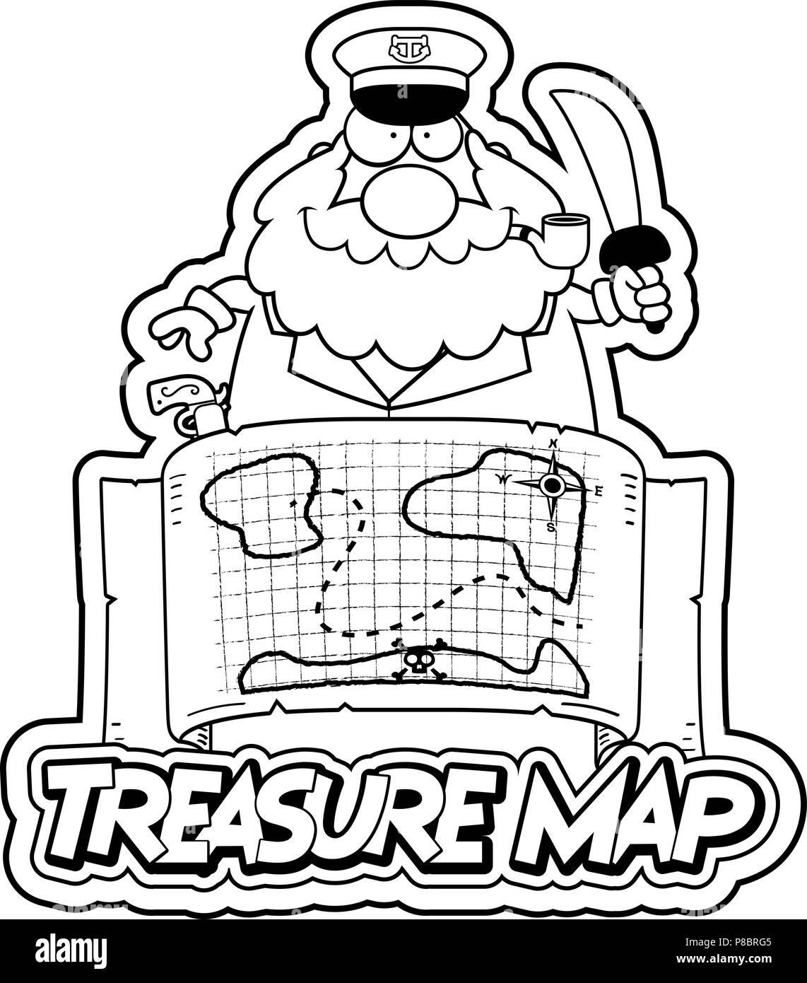 A cartoon illustration of a sea captain with a treasure map and ...