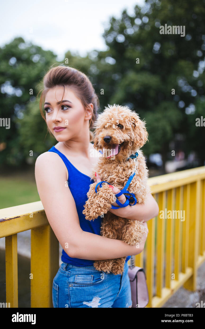 Portrait of beautiful smiling young woman with her little red poodle ...
