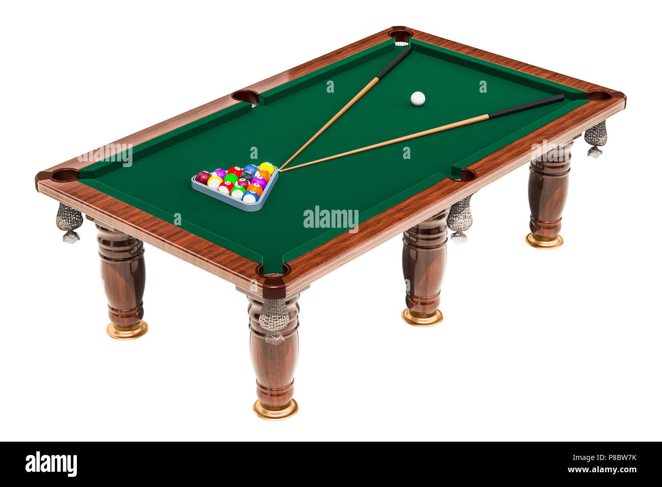 Billiard table with balls and cue, 3D rendering isolated on white ...