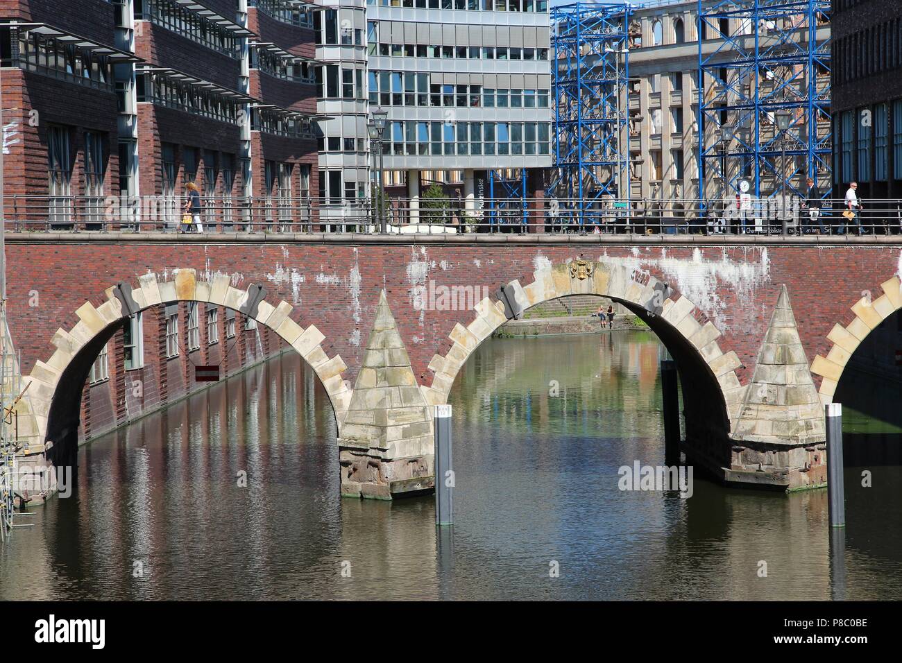 HAMBURG, GERMANY - AUGUST 28, 2014: People visit canals in Hamburg ...