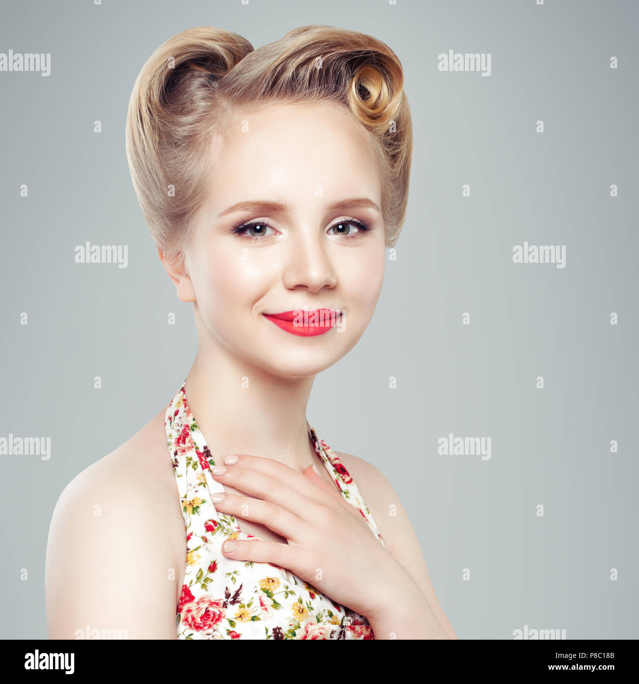 Young prom girl portrait. Red Lips Makeup and Blonde Hairstyle Stock ...