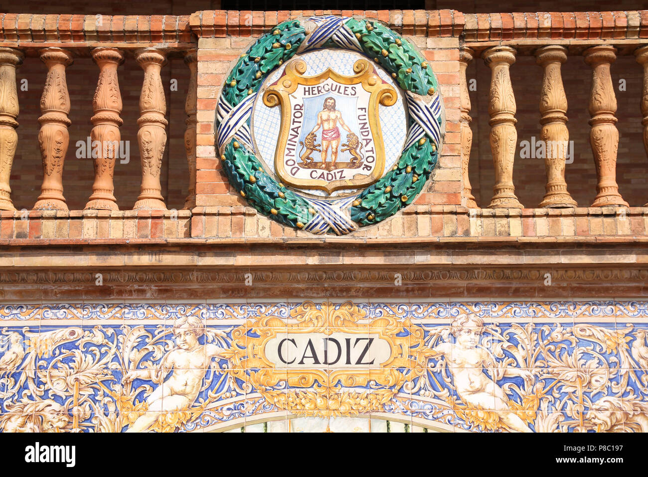 Famous ceramic decoration in Plaza de Espana, Sevilla, Spain. Coat of ...