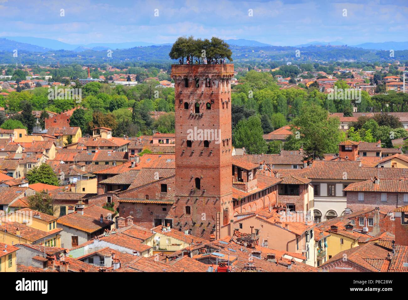 Lucca, Italy - medieval town of Tuscany. Aerial view with Guinigi Tower ...