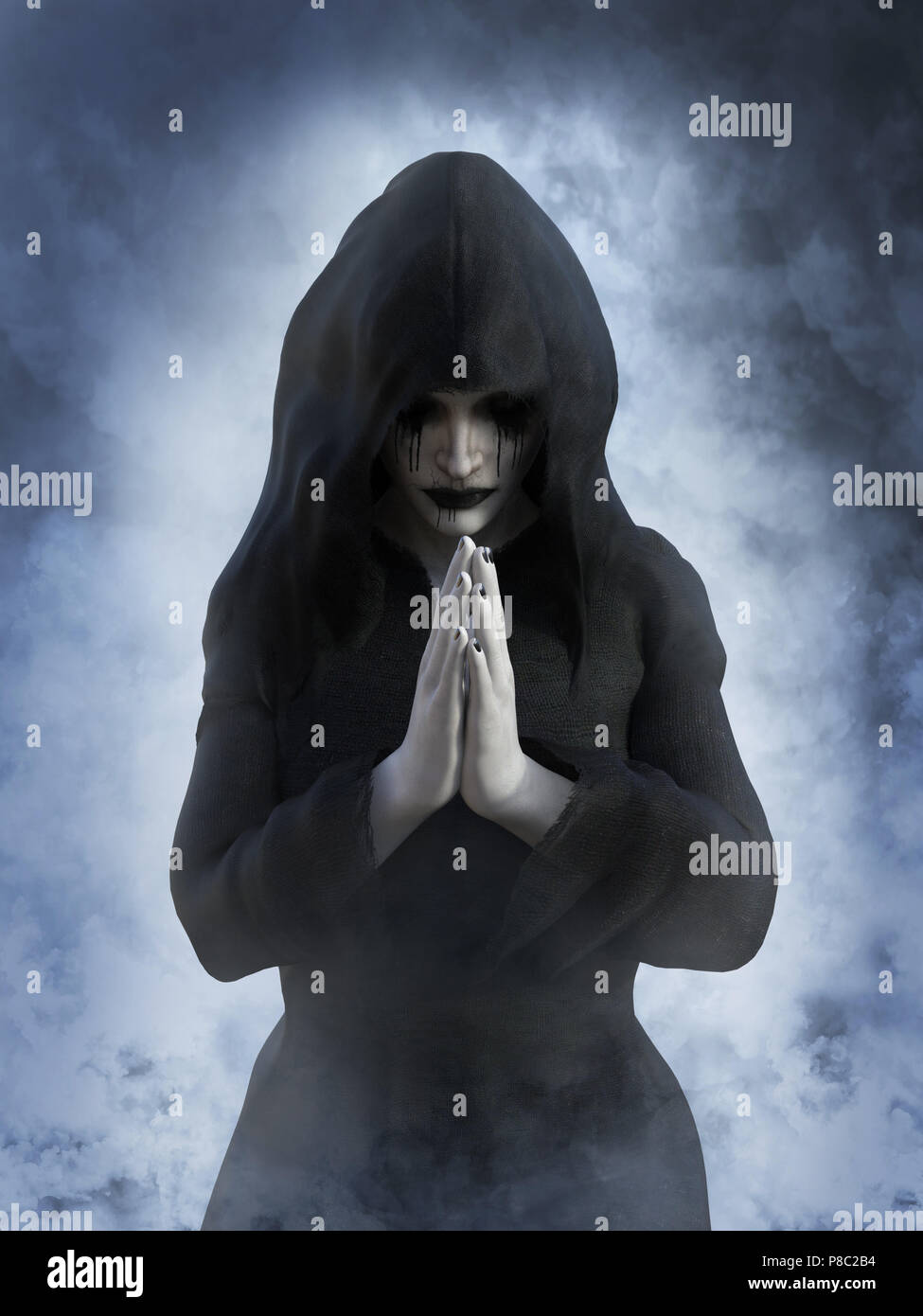 3D rendering of a ghost nun or saint praying with her hands together ...