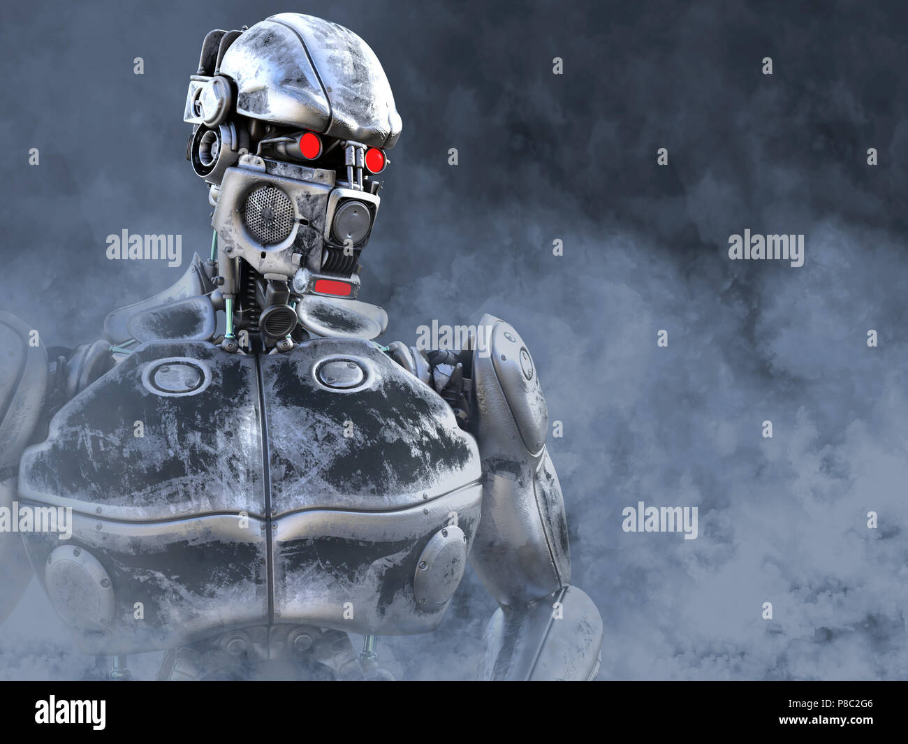 3D rendering of a futuristic mech soldier in a polluted futuristic ...
