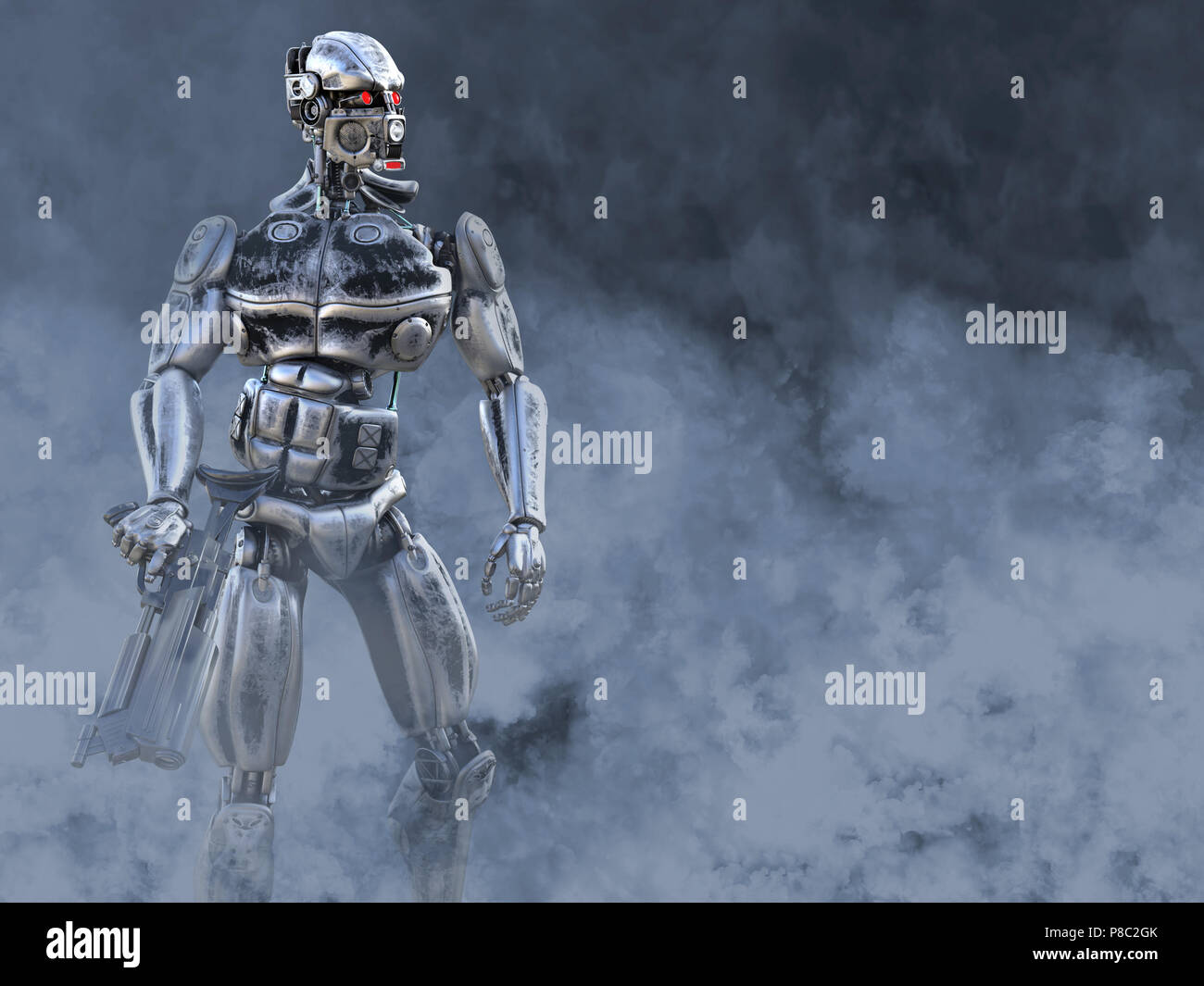 3D rendering of a futuristic mech soldier holding a gun in a polluted ...