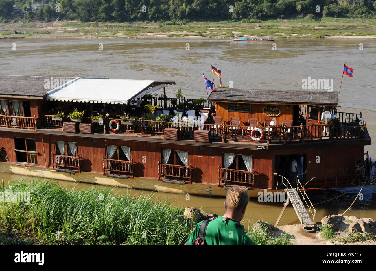 North-Laos: Mekong River cruise ship ankering near Luang Brabang Stock ...