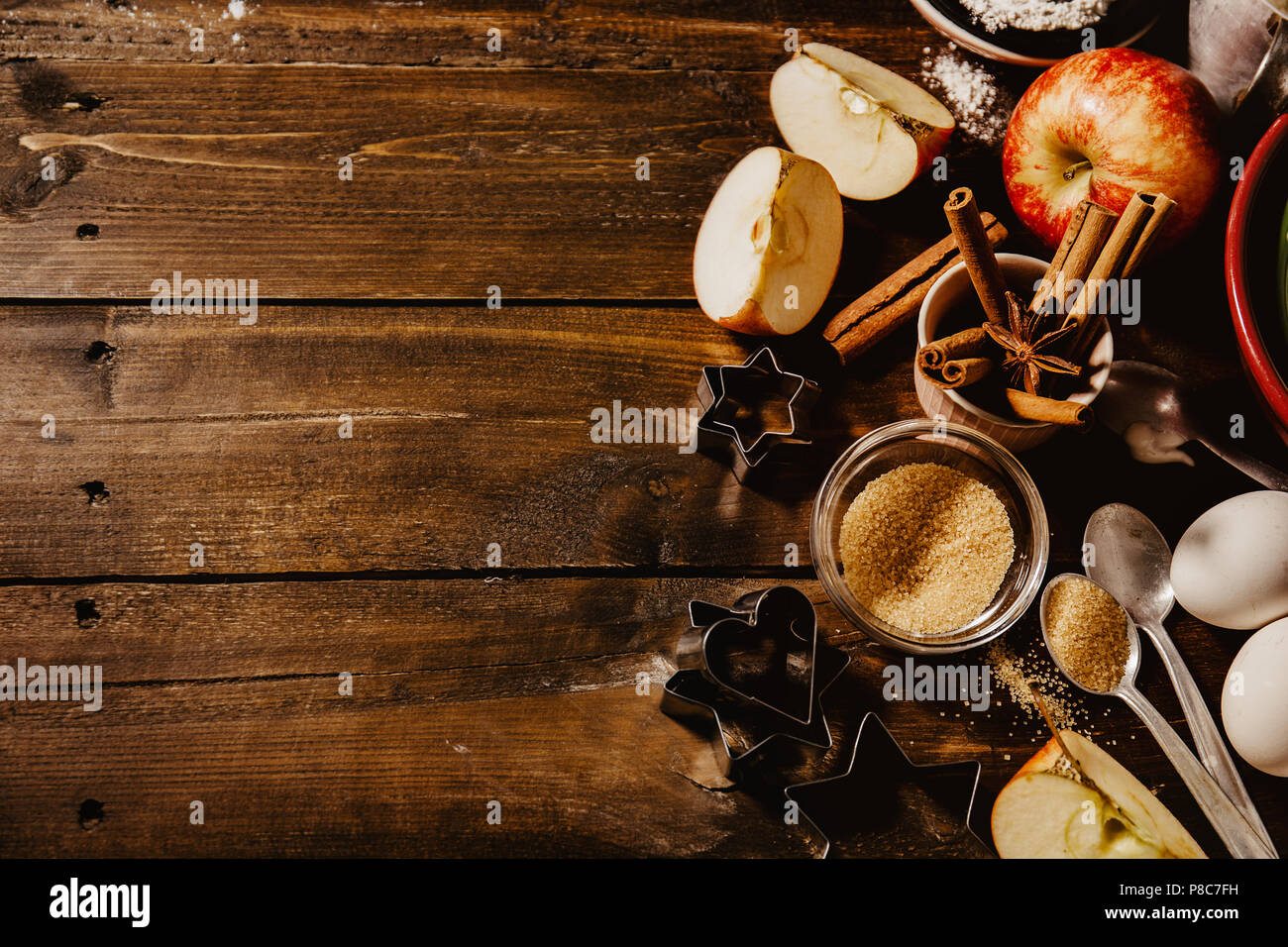 Baking concept of autumn apple pie. View from above on kitchen table ...