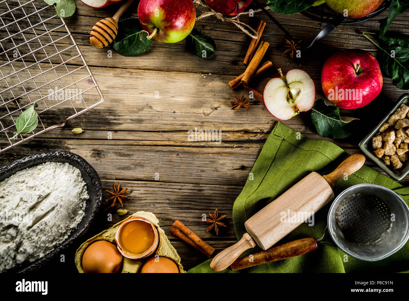 Autumn cooking background, Apple pie baking concept, fresh red apples ...