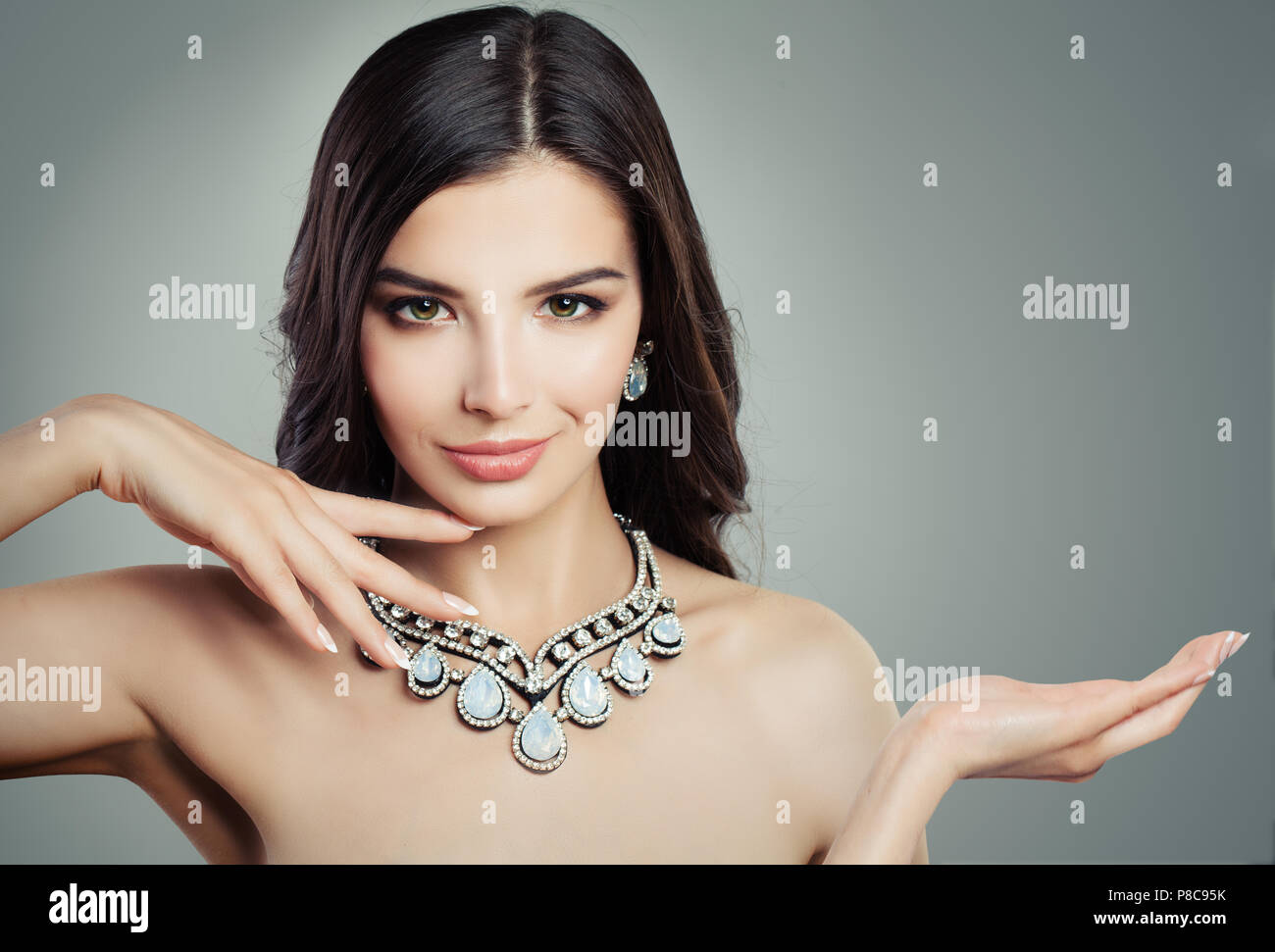 Cute Young Woman Fashion Model with Healthy Hair and Jewelry Necklace ...