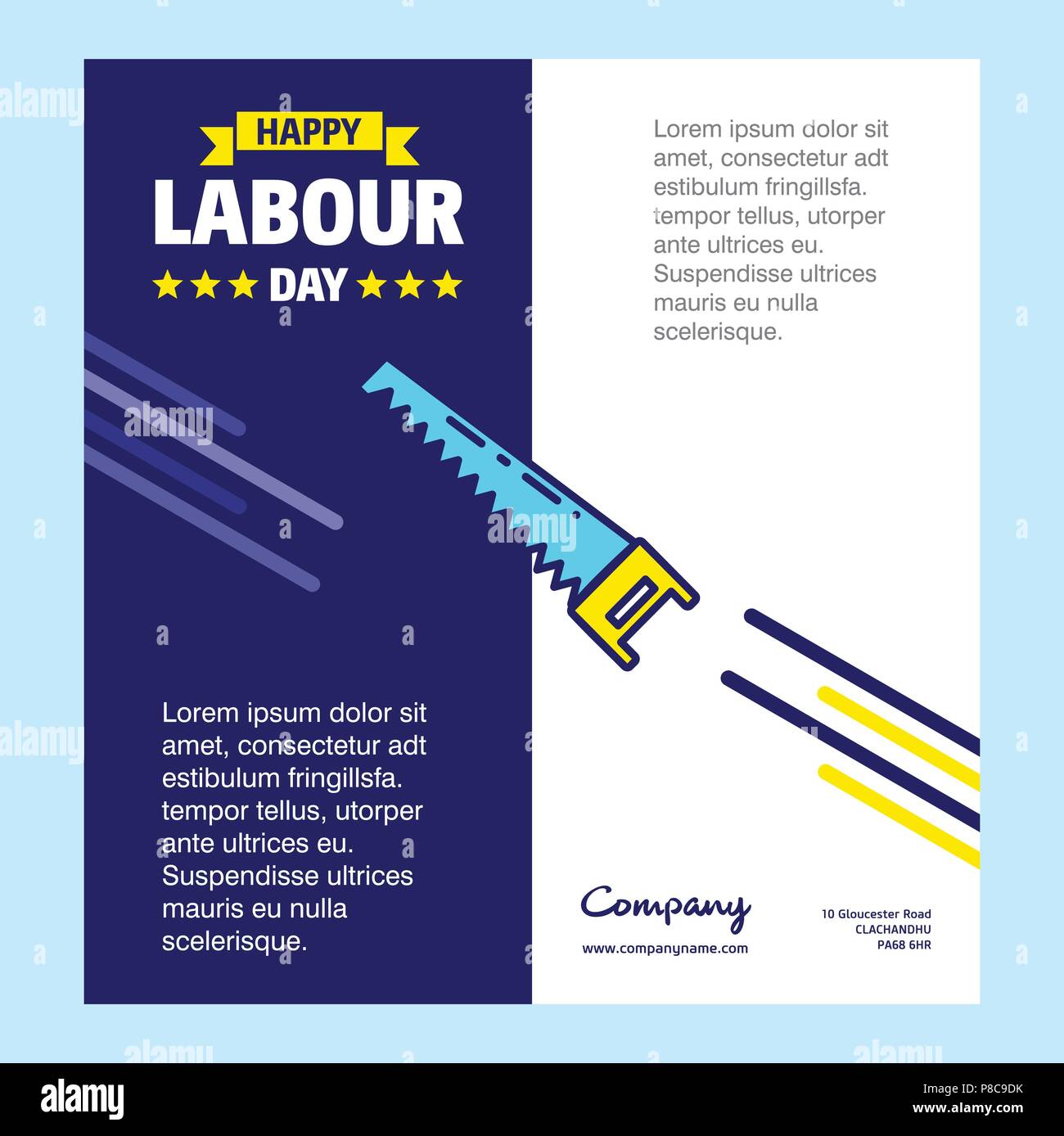 Happy Labour day design with blue and yellow theme vector with saw logo - For web design and ...