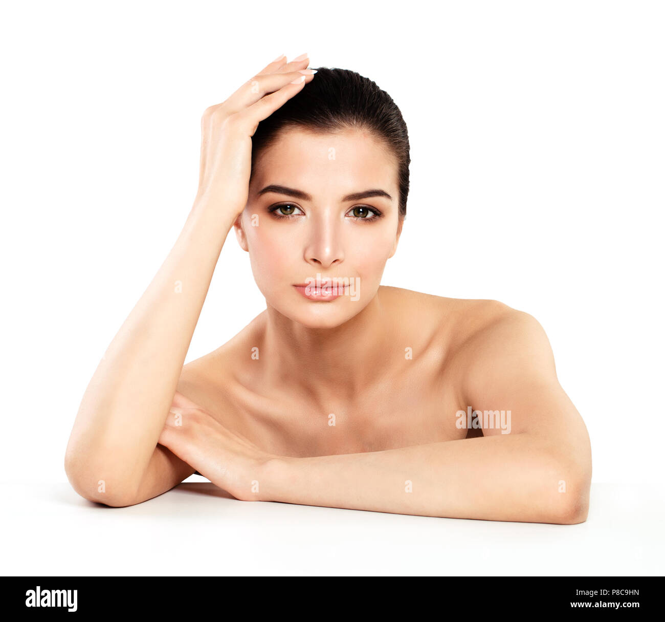 Perfect Woman with Healthy Skin on White Background, Natural Brunette ...