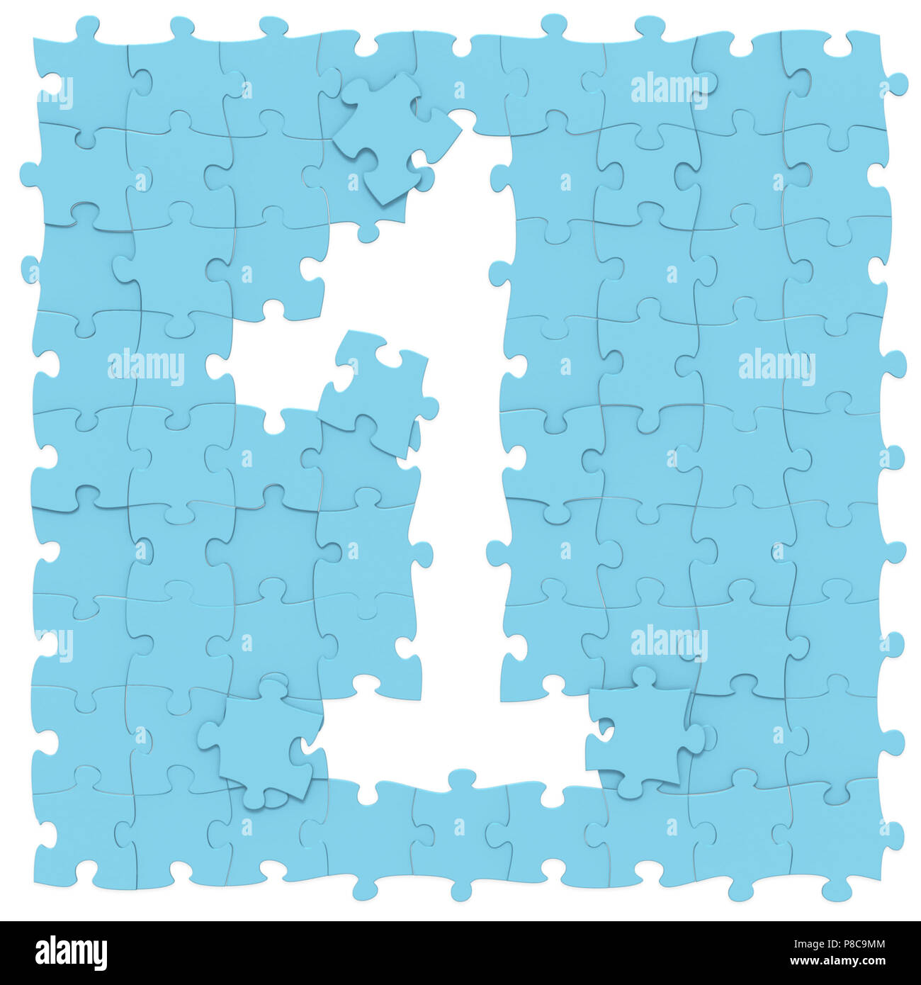 Jigsaw blue puzzles assembled like mathematical digit 1 or one on white background, puzzle board ...