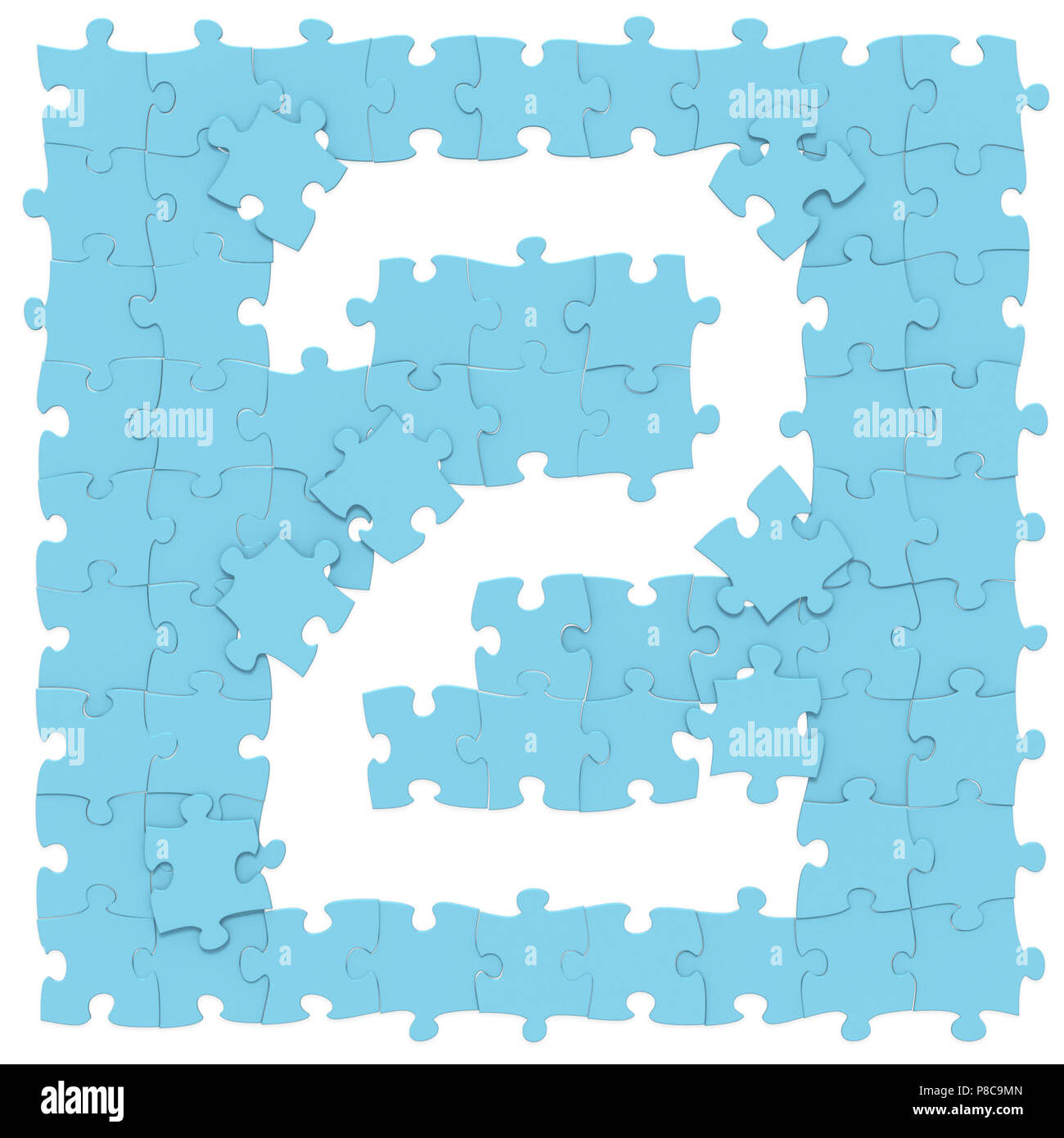 Jigsaw blue puzzles assembled like mathematical digit 2 or two on white ...