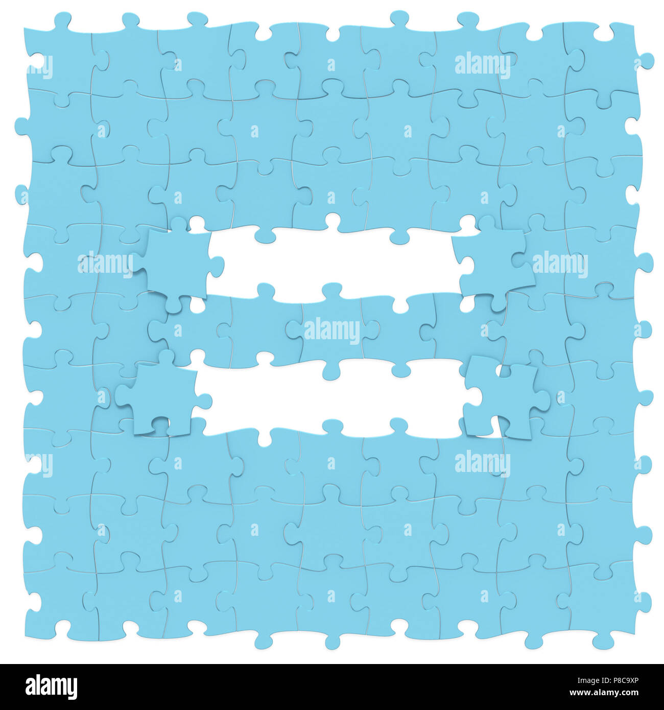 Blue jigsaw puzzles assembled like mathematical equality sign on white ...