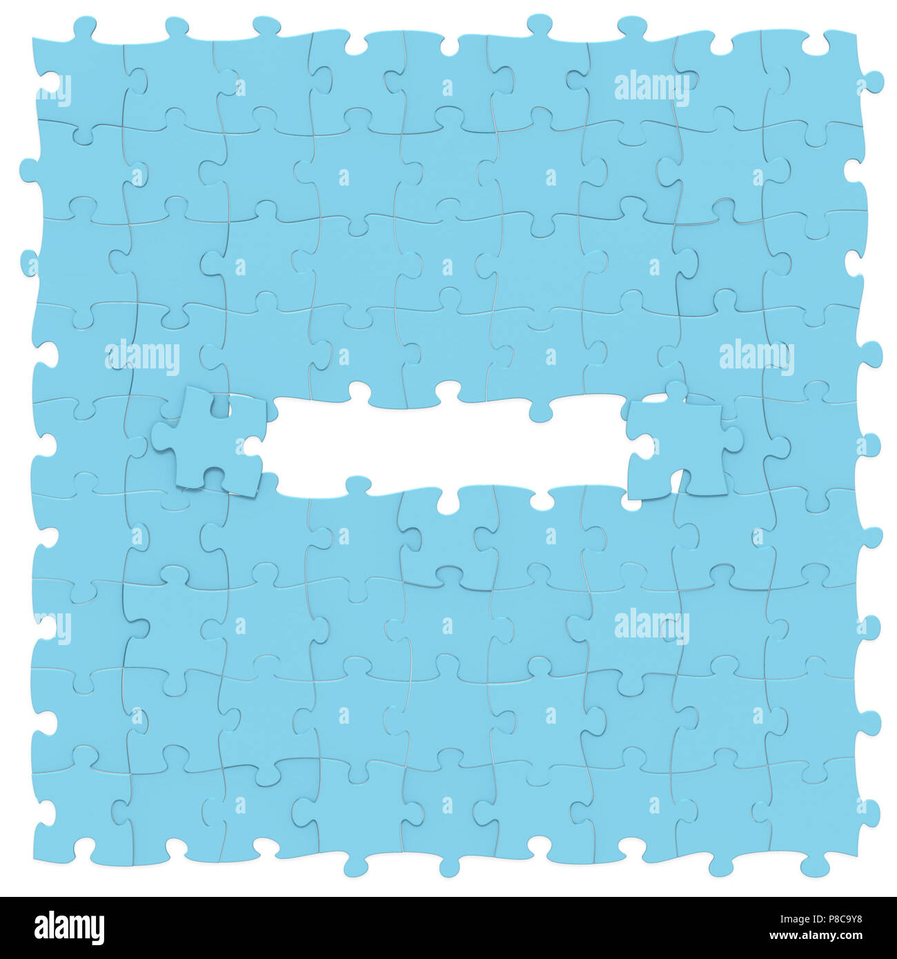 Blue jigsaw puzzles assembled like mathematical operation symbol minus ...