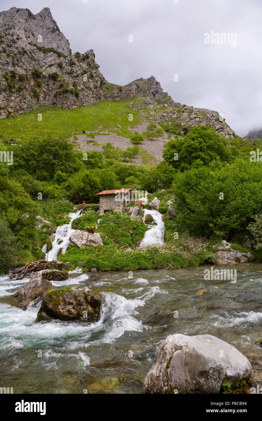 Waterfall in the Cares River located in the Picos de Europa National ...