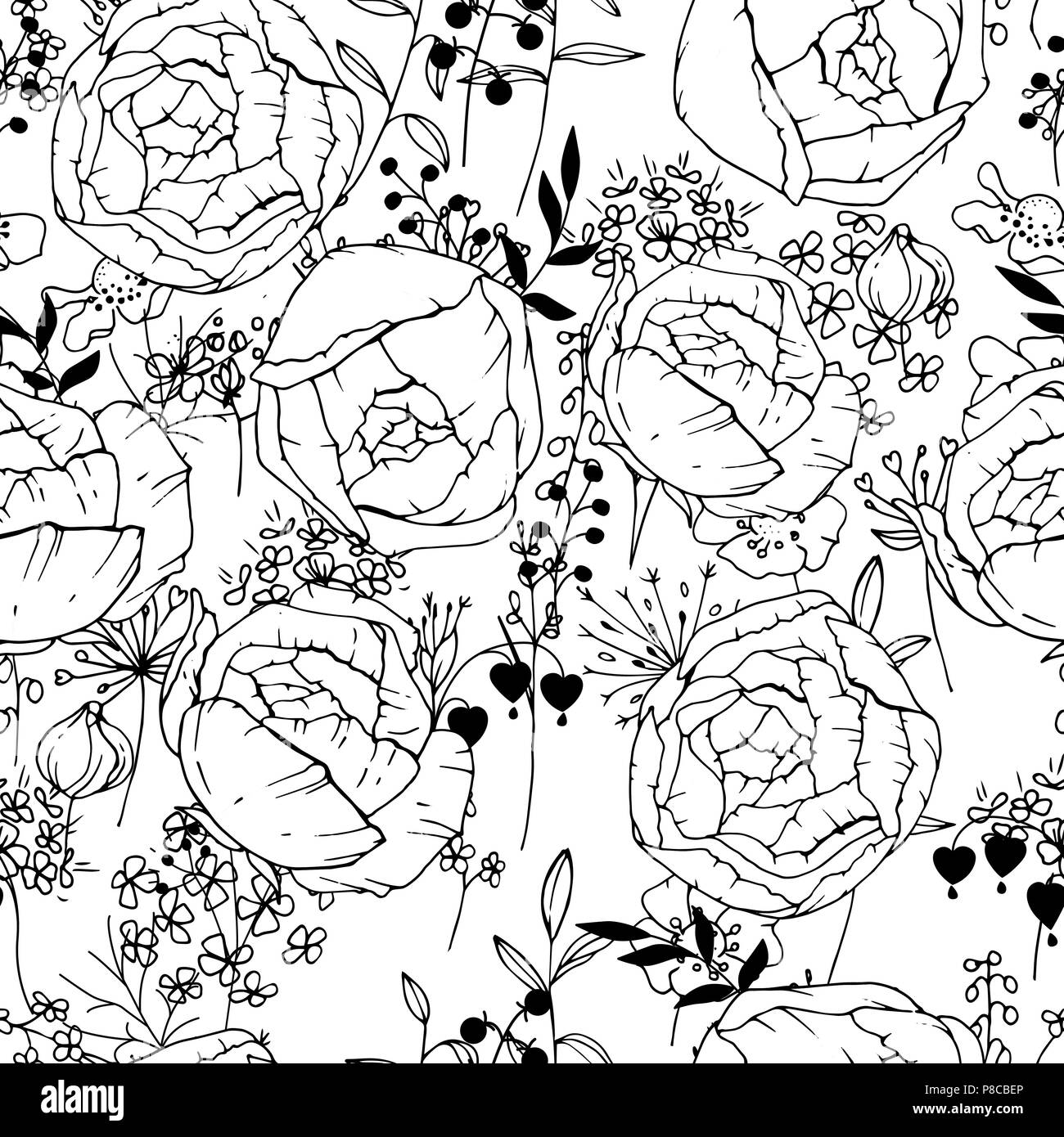 Seamless pattern with black and white contour roses. Endless texture ...