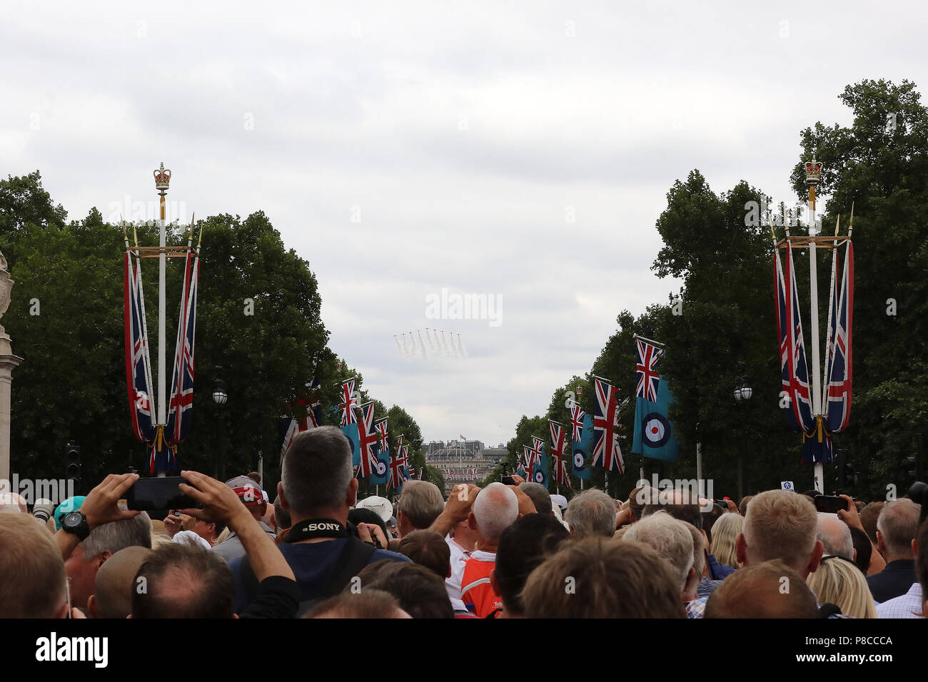 London, UK. 10th July, 2018. Red Arrows, RAF100 Parade and Flypast, The ...