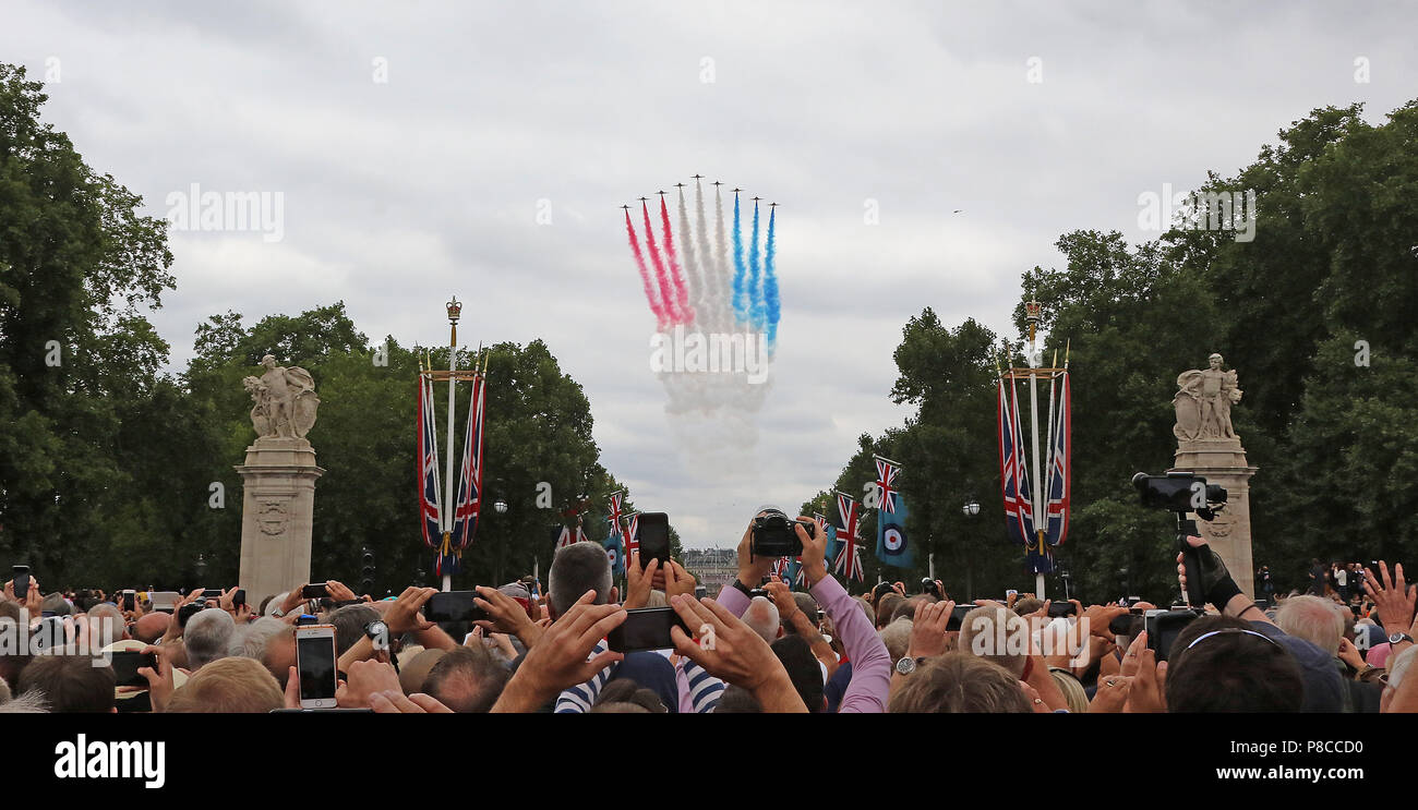 London, UK. 10th July, 2018. Red Arrows, RAF100 Parade and Flypast, The ...
