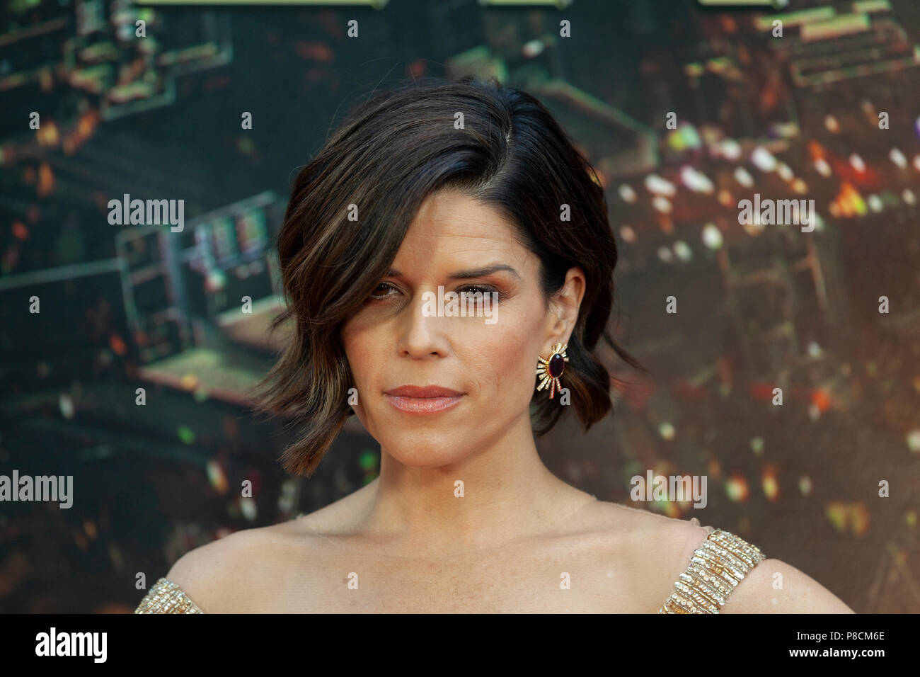 New York, NY - July 10, 2018: Neve Campbell wearing dress by Barney ...