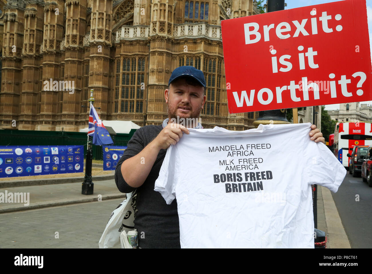 Westminster. London. UK 11 July 2018 - A Anti Brexit campaigner holds a ...
