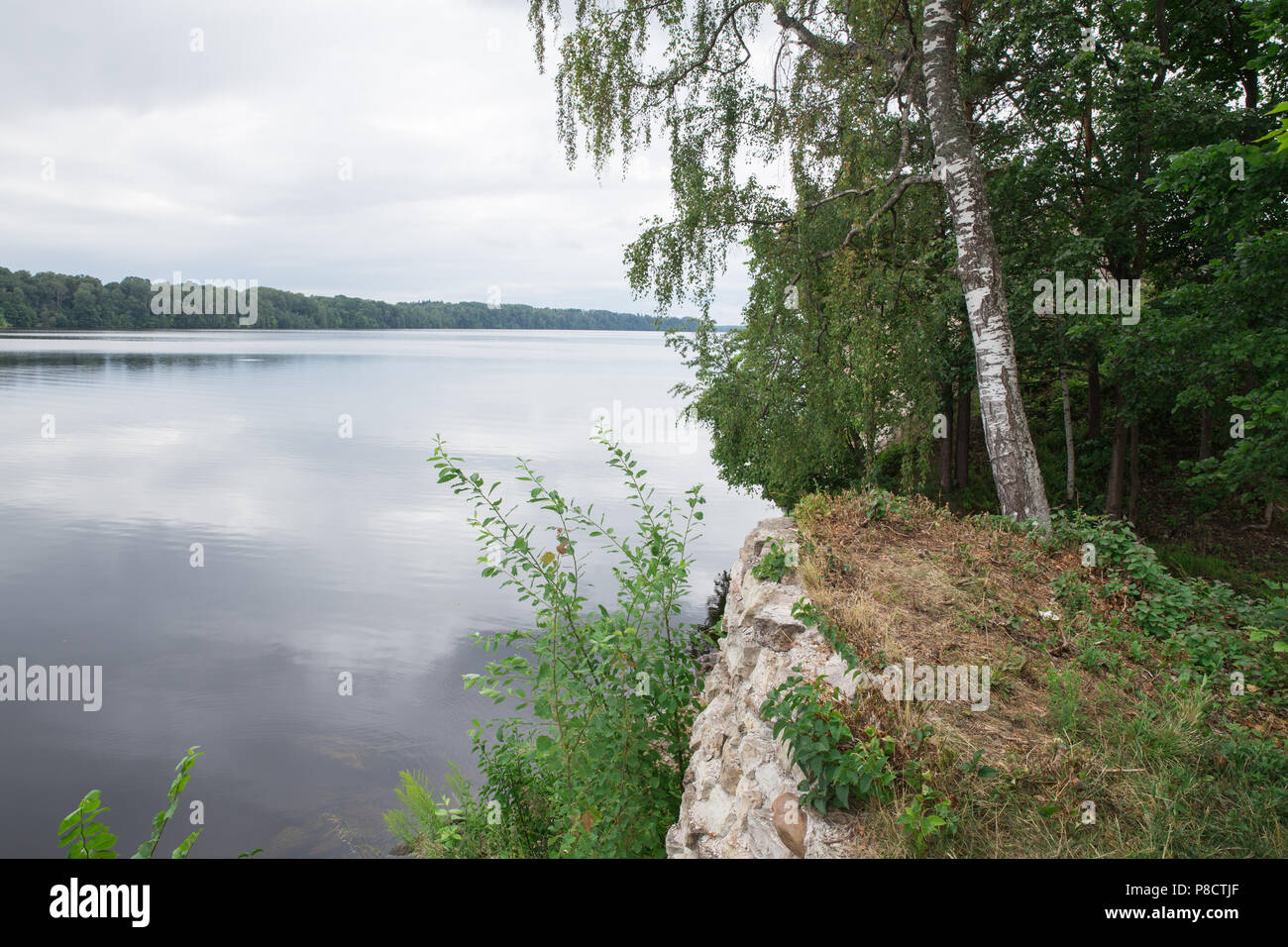 City Koknese, Latvia. Old river and green trees. Ruins and reflection ...